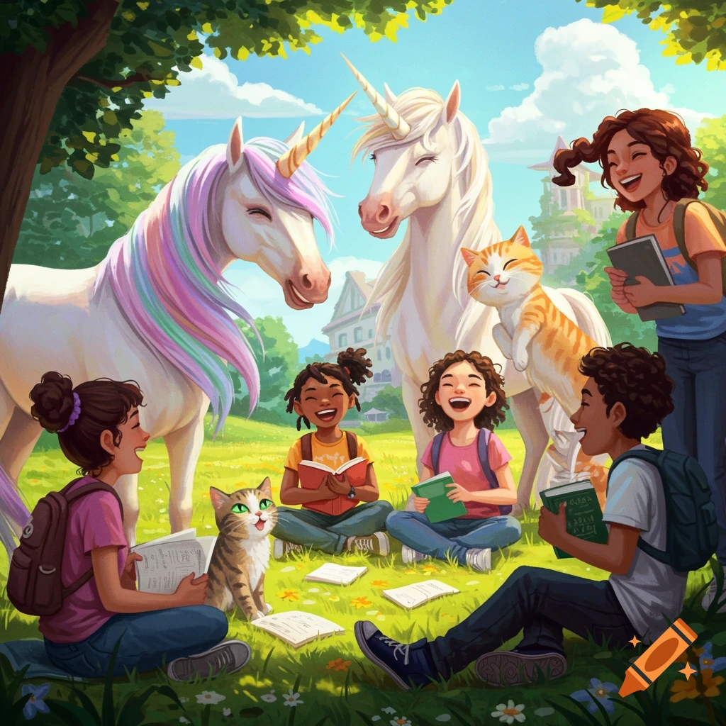 Unicorns and cats laughing with students on Craiyon