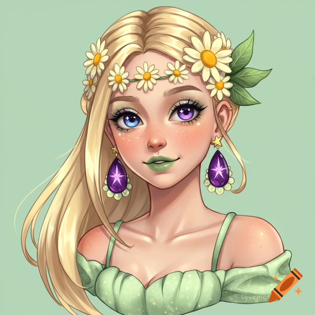 Portrait of a young woman with long blonde hair, a daisy flower crown ...