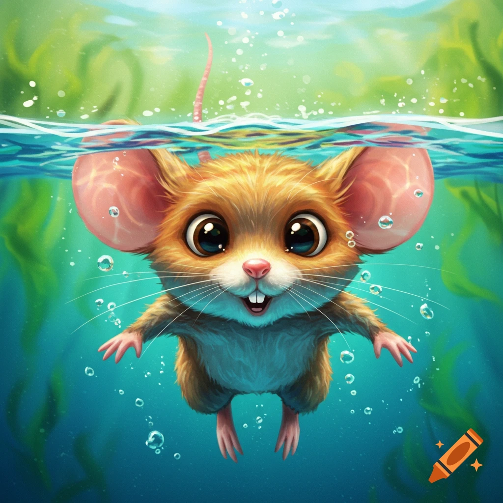 Cute cartoon mouse-shark creature swimming underwater with bubbles. on ...