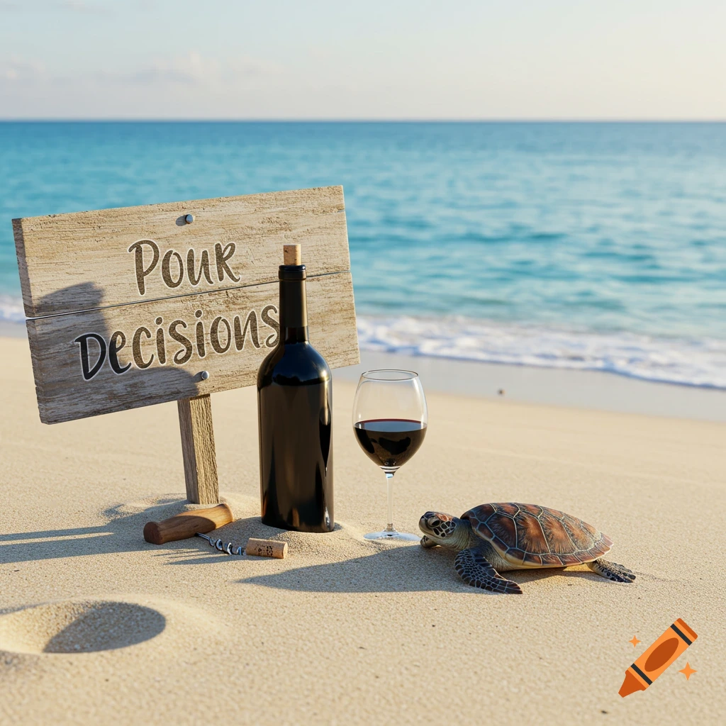 Beach house sign with wine, glass, and sea turtle. Sign says 'pour ...