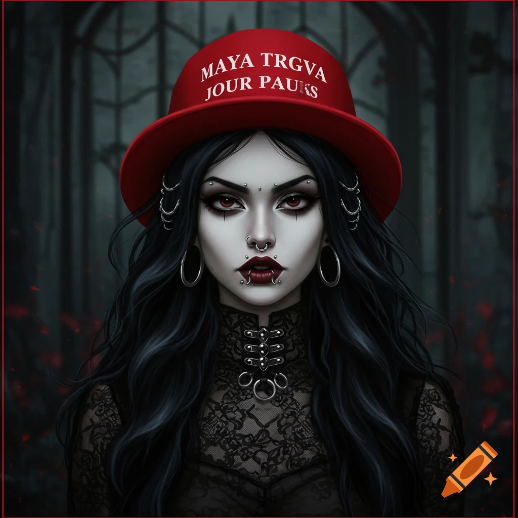 Goth girl with piercings wearing a red MAGA hat on Craiyon