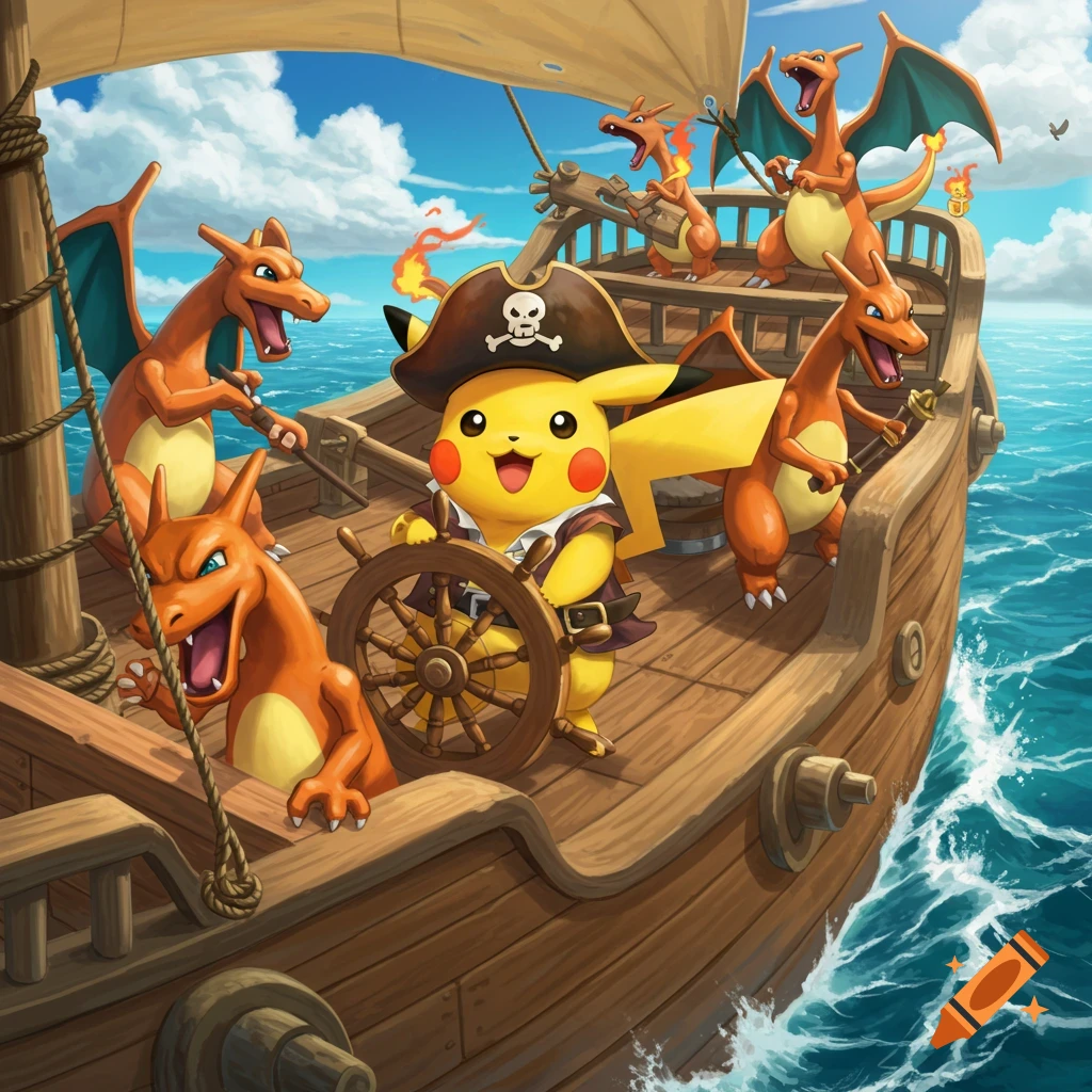 Pikachu with pirate hat sailing with Charizard crew on Craiyon