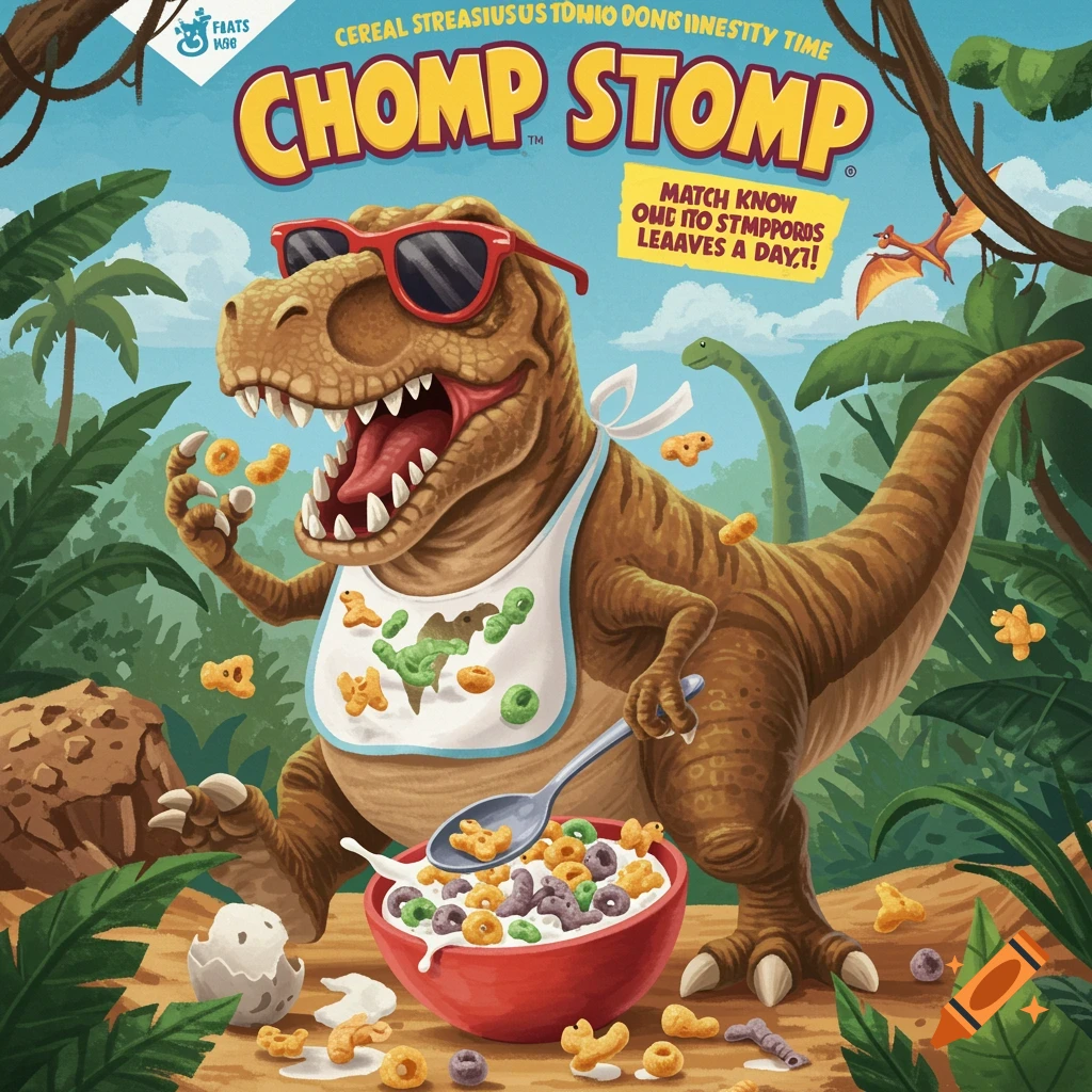 Chomp Stomp cereal box featuring a T-Rex with sunglasses on Craiyon