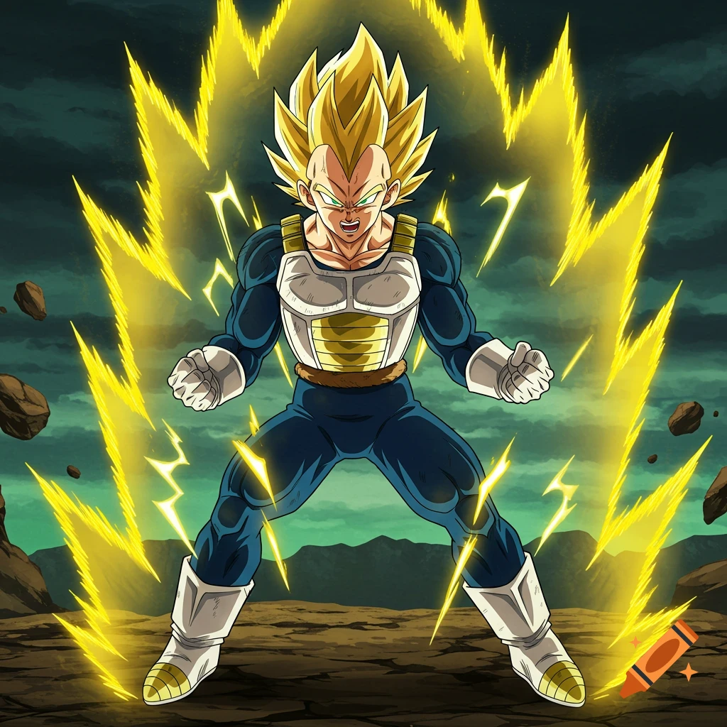 Vegeta in Super Saiyan form powering up with yellow energy. on Craiyon
