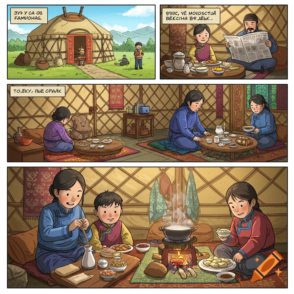 Comic book illustration of daily life of a Mongolian family on Craiyon
