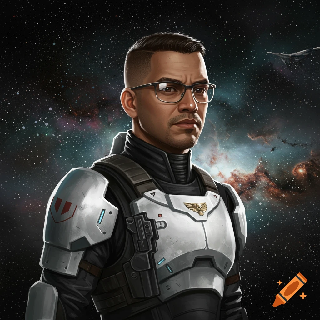 A man in futuristic armor and glasses stands in space. on Craiyon