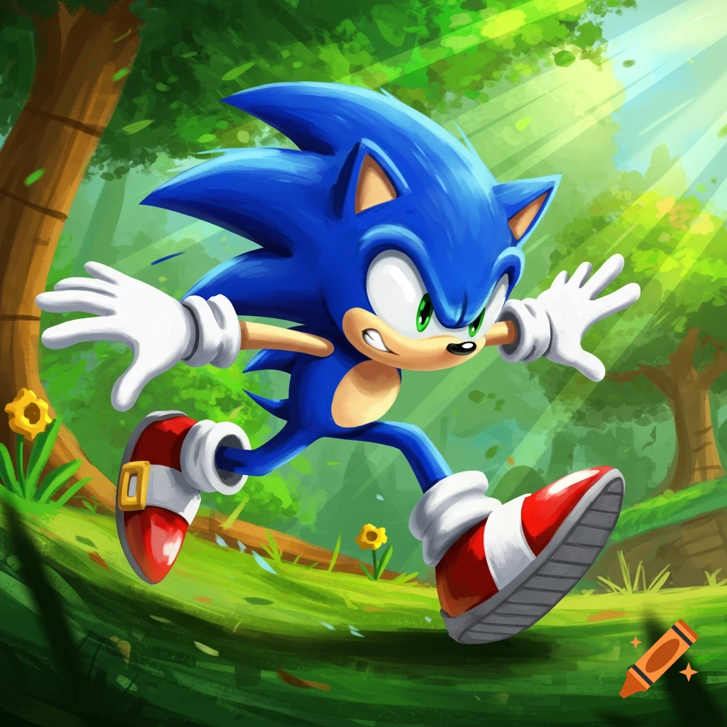 Cartoon illustration of Sonic the Hedgehog running through Green Hill ...