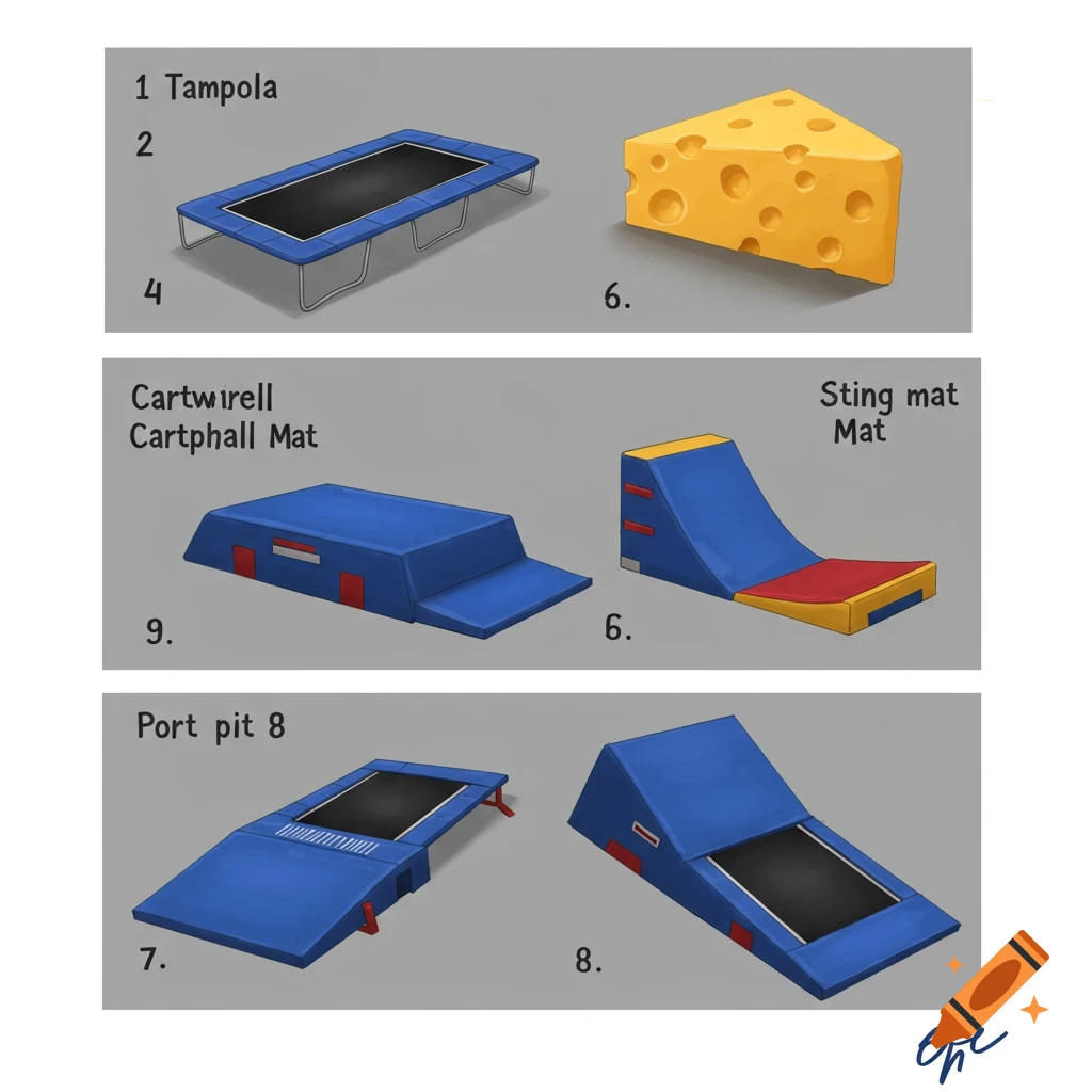 Trampolines, cheese mat, cartwheel mat, sting mats, and porta pit on ...