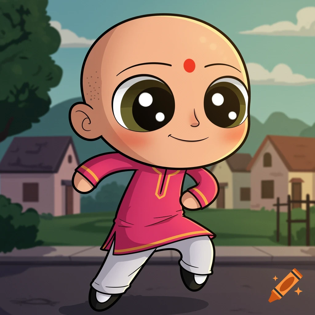 Cartoon illustration of a bald boy in Indian attire running on a street ...