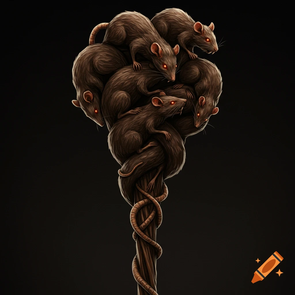 Carved wooden staff resembling rats tied together on Craiyon