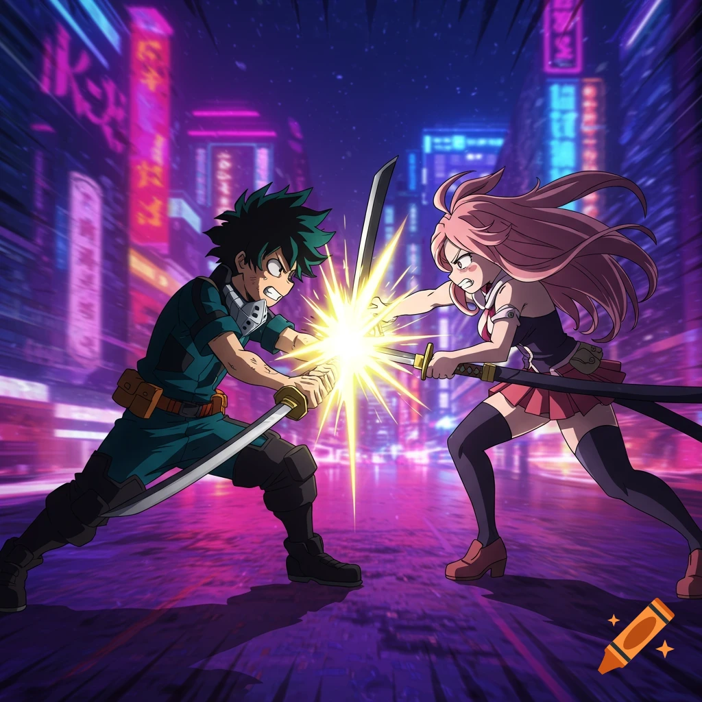 Two anime characters fight with swords in a neon-lit cyberpunk city ...