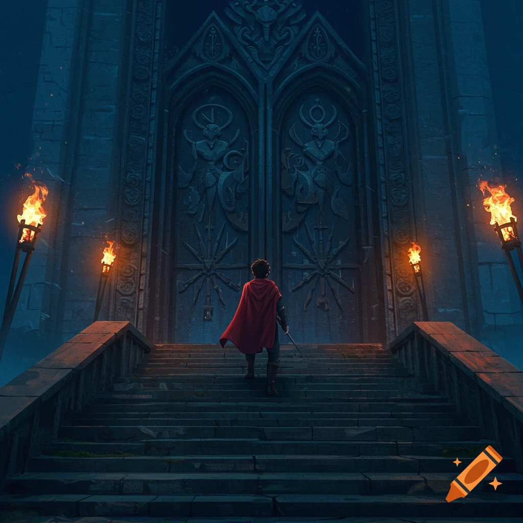 Lone figure in crimson cloak on torch-lit steps on Craiyon