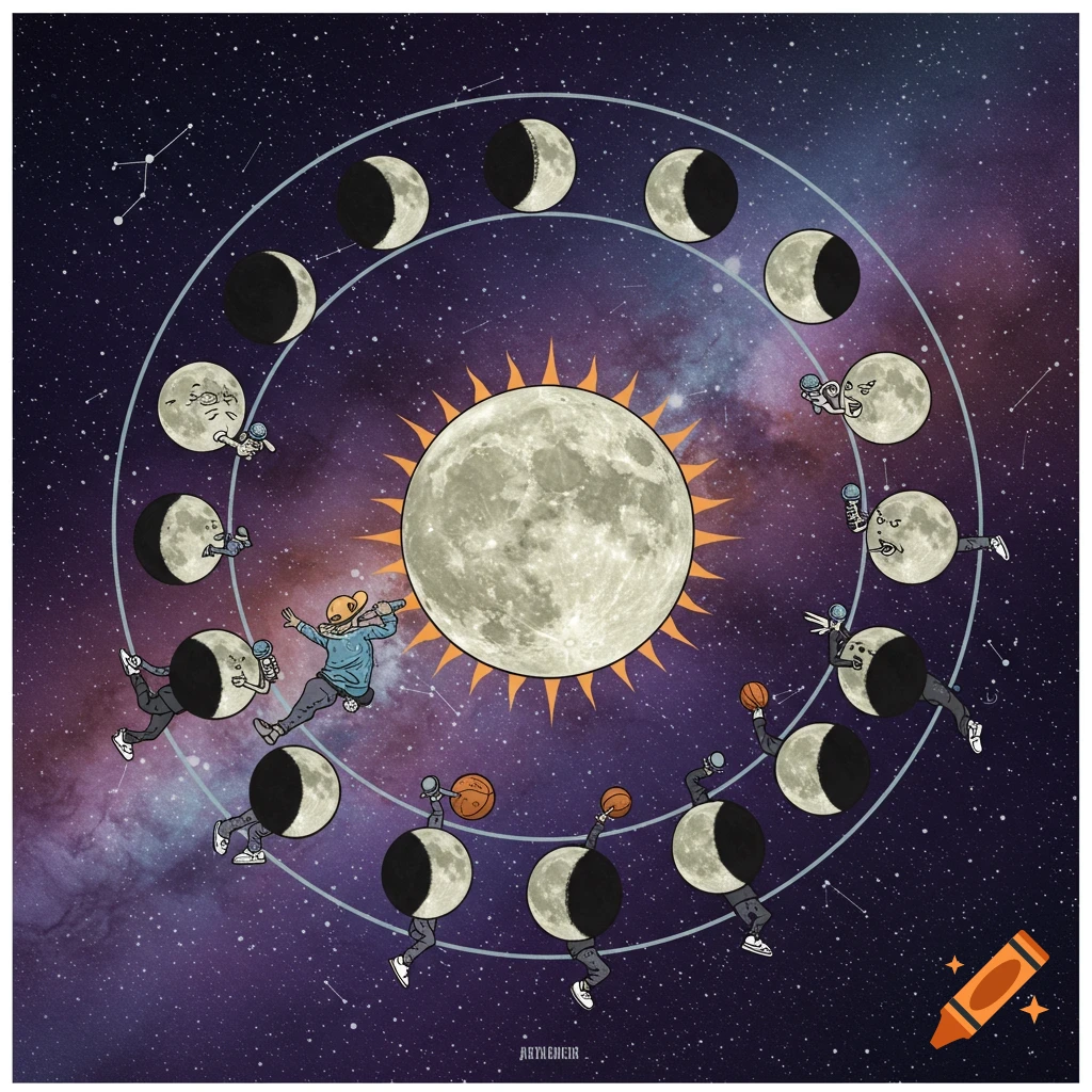 Illustration of moon phases rapping and playing basketball around the ...