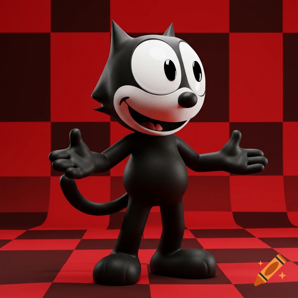 A black and white 3D render of a Felix the Cat-like character with a ...