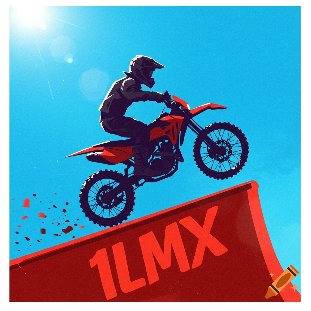 The text "1LMX" shaped like a person on a motorcycle jumping off a ramp ...