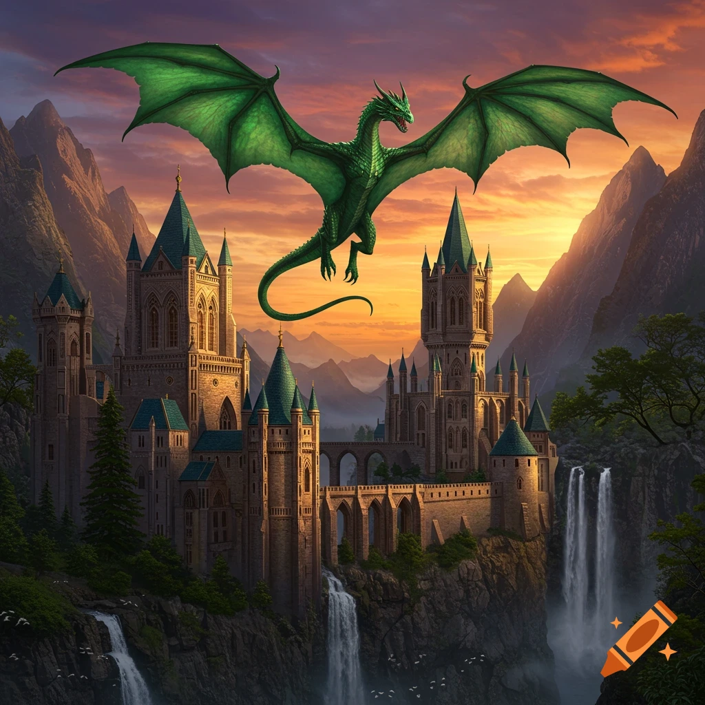 A large green dragon with outstretched wings flies past a grand castle ...