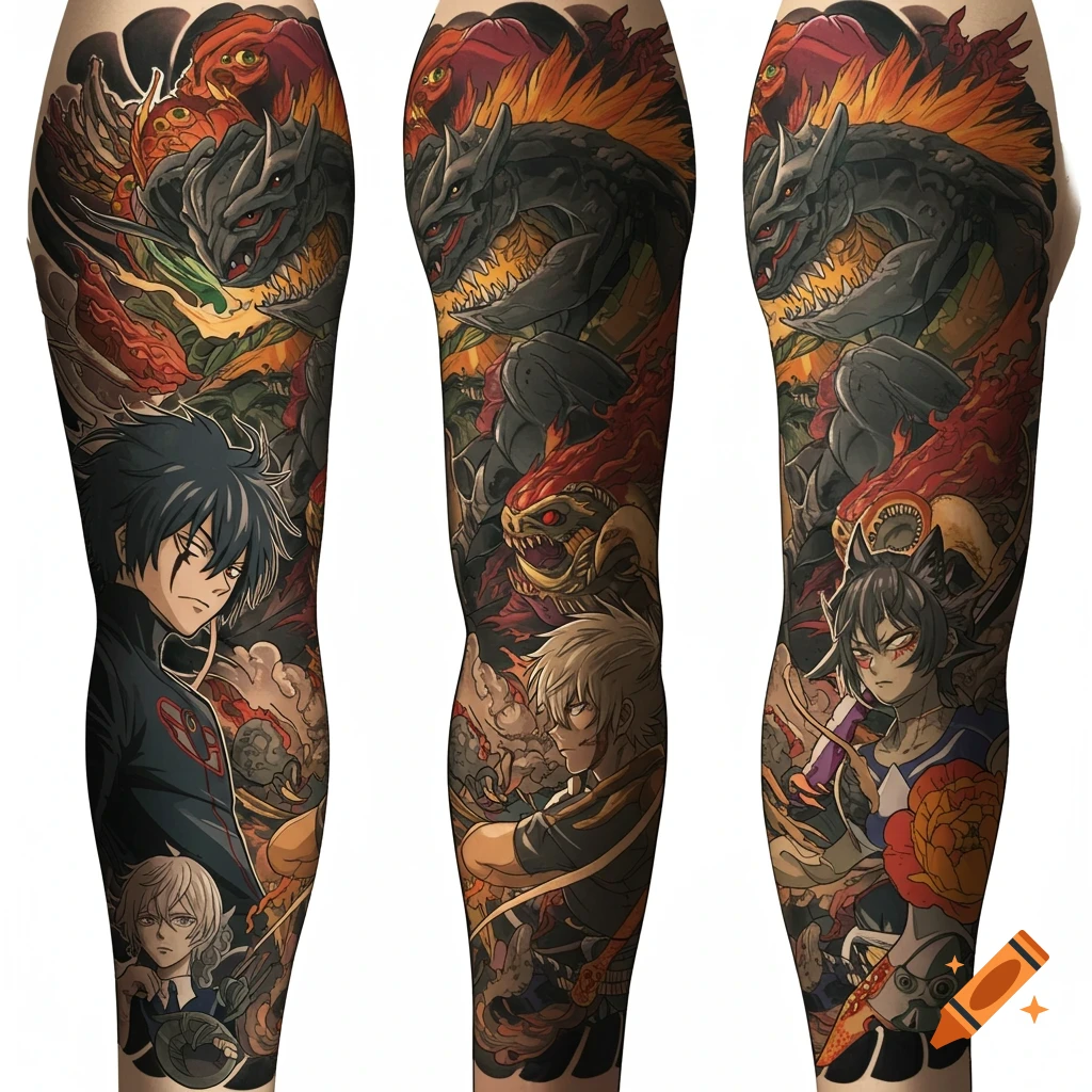 Anime style full arm tattoo sleeve with characters and large monsters ...