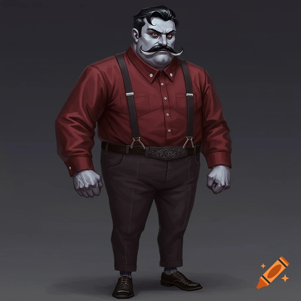 Stylized, heavy-set man with grey skin, large moustache, red shirt, and ...