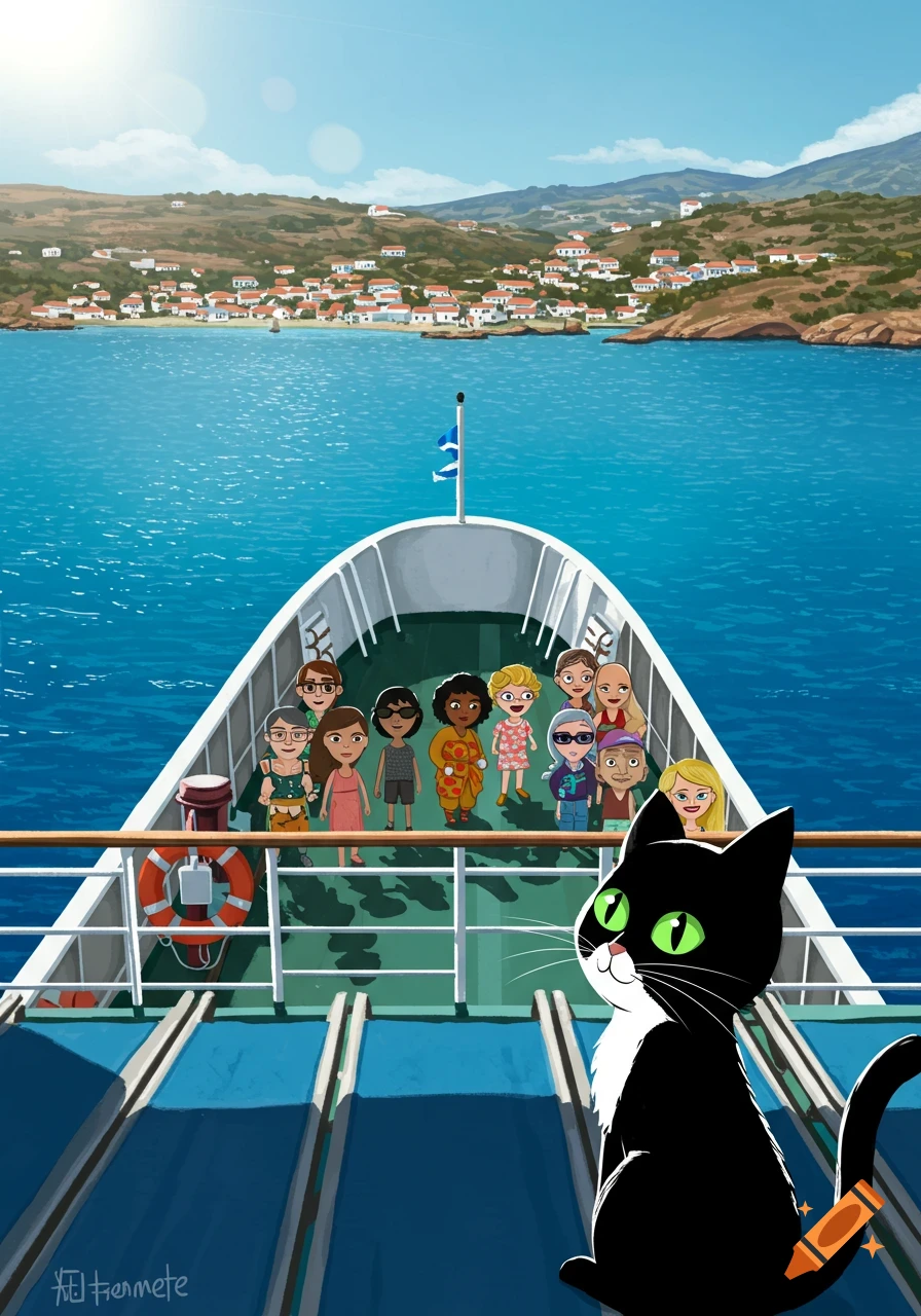 Black and white cat on a ferry in cartoon style on Craiyon