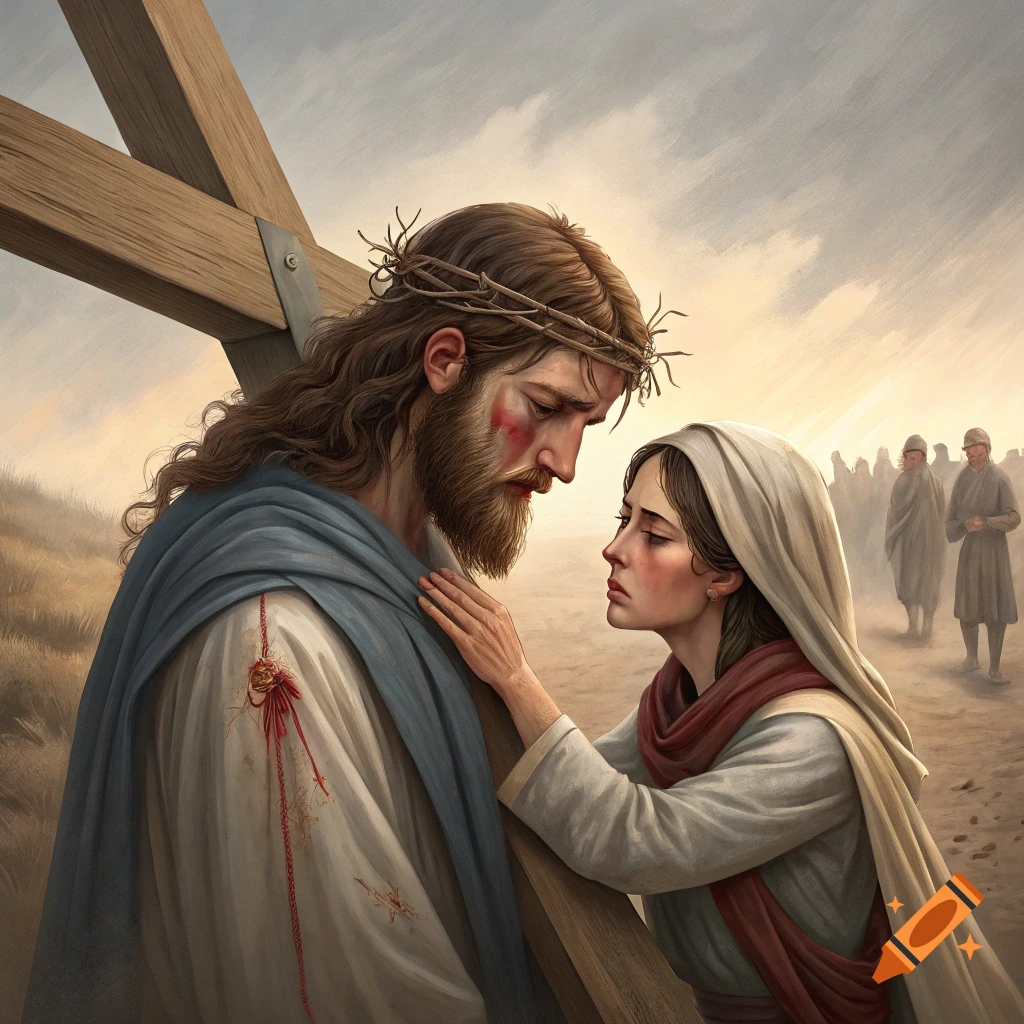 Jesus carrying the cross, woman wiping his face. on Craiyon