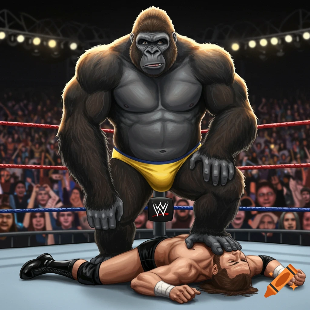 A giant anthropomorphic gorilla stands over a knocked-out wrestler in a ...