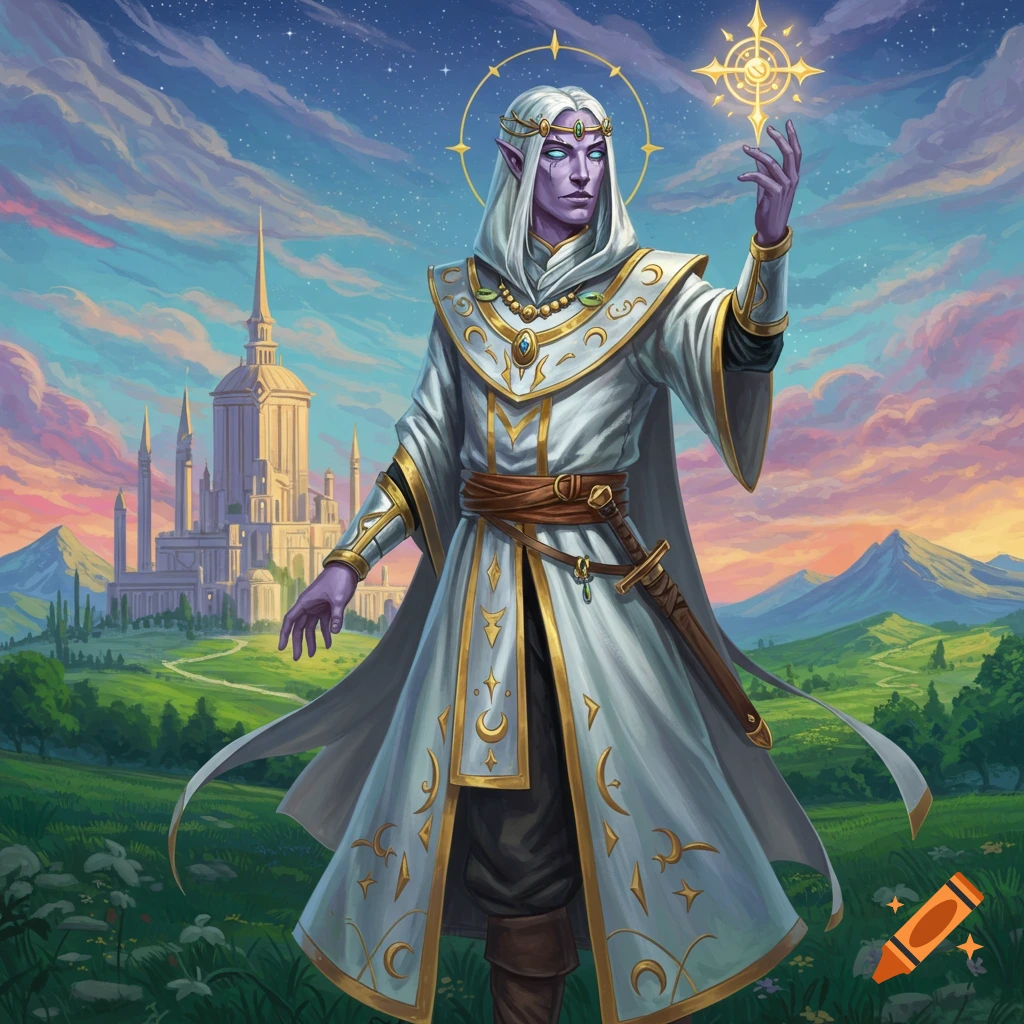A white-robed cleric with a glowing staff looks towards the sky under a ...