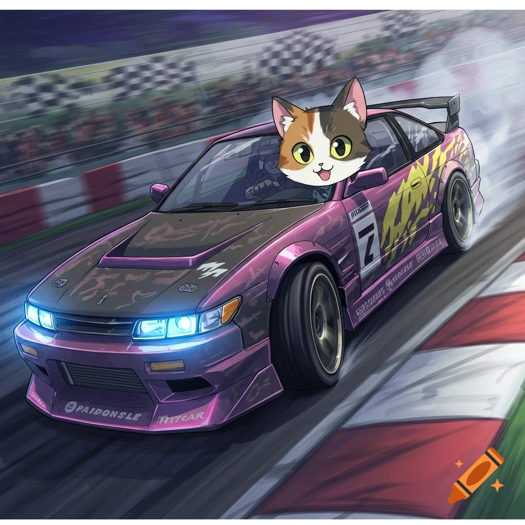 Anime style illustration of a calico cat driving a purple Nissan 240SX ...