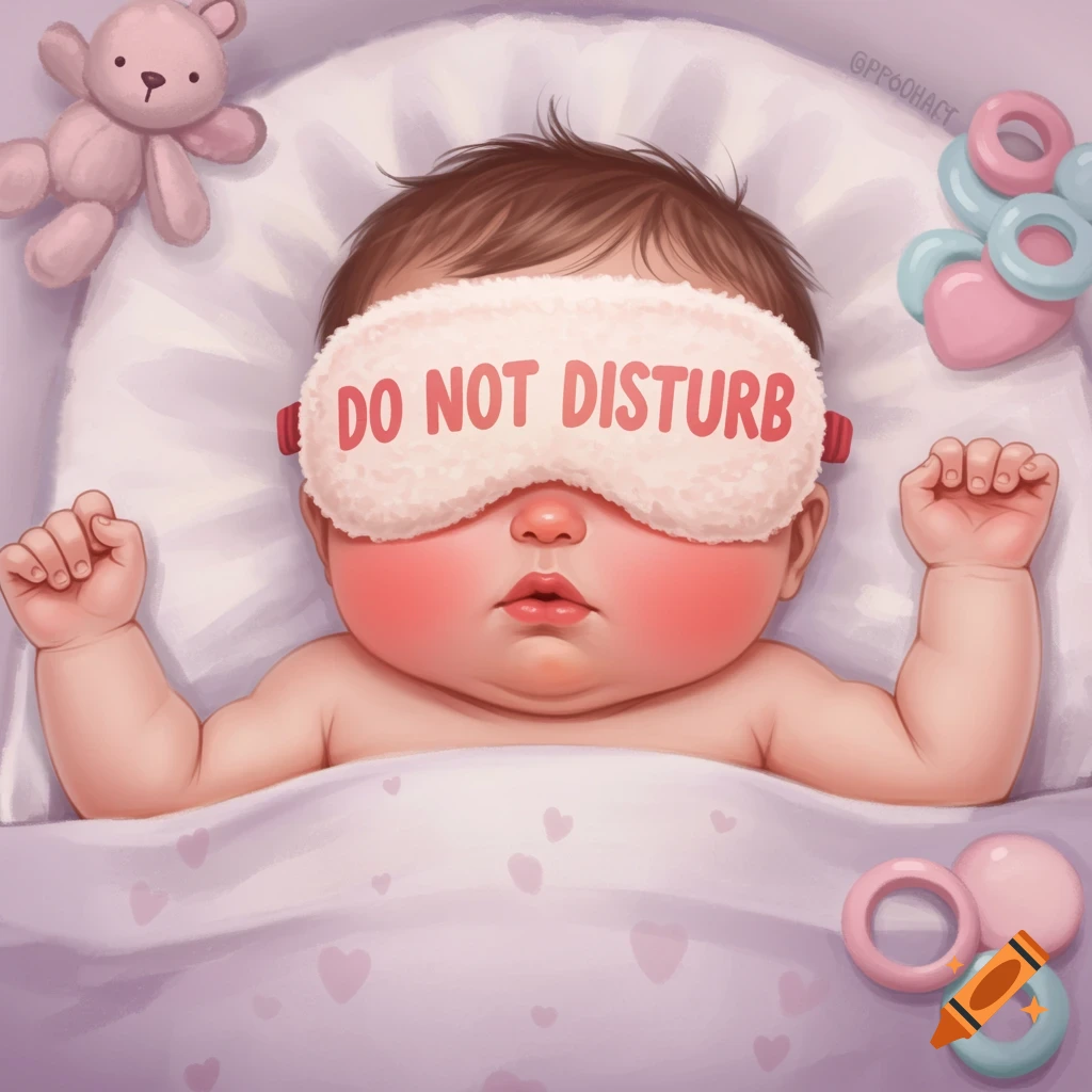 A sleeping baby wears a 'Do Not Disturb' eye mask, with a teddy bear ...