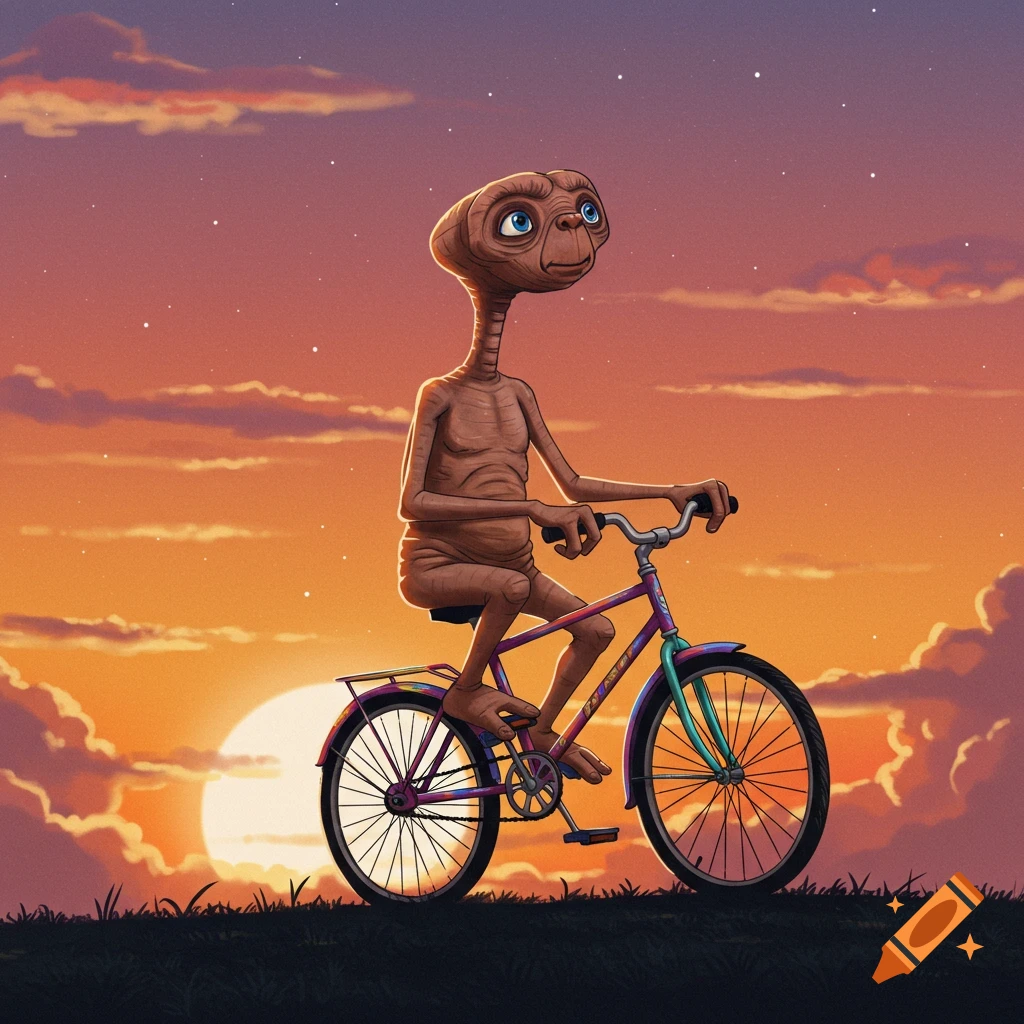 ET riding a bicycle against a vibrant sunset sky. on Craiyon