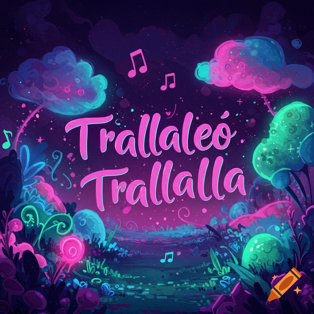 Colorful whimsical fantasy landscape with text 'Trallaleo Trallalla ...