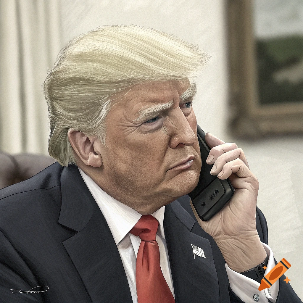 Stylized portrait of Donald Trump on the phone in an office, wearing a ...