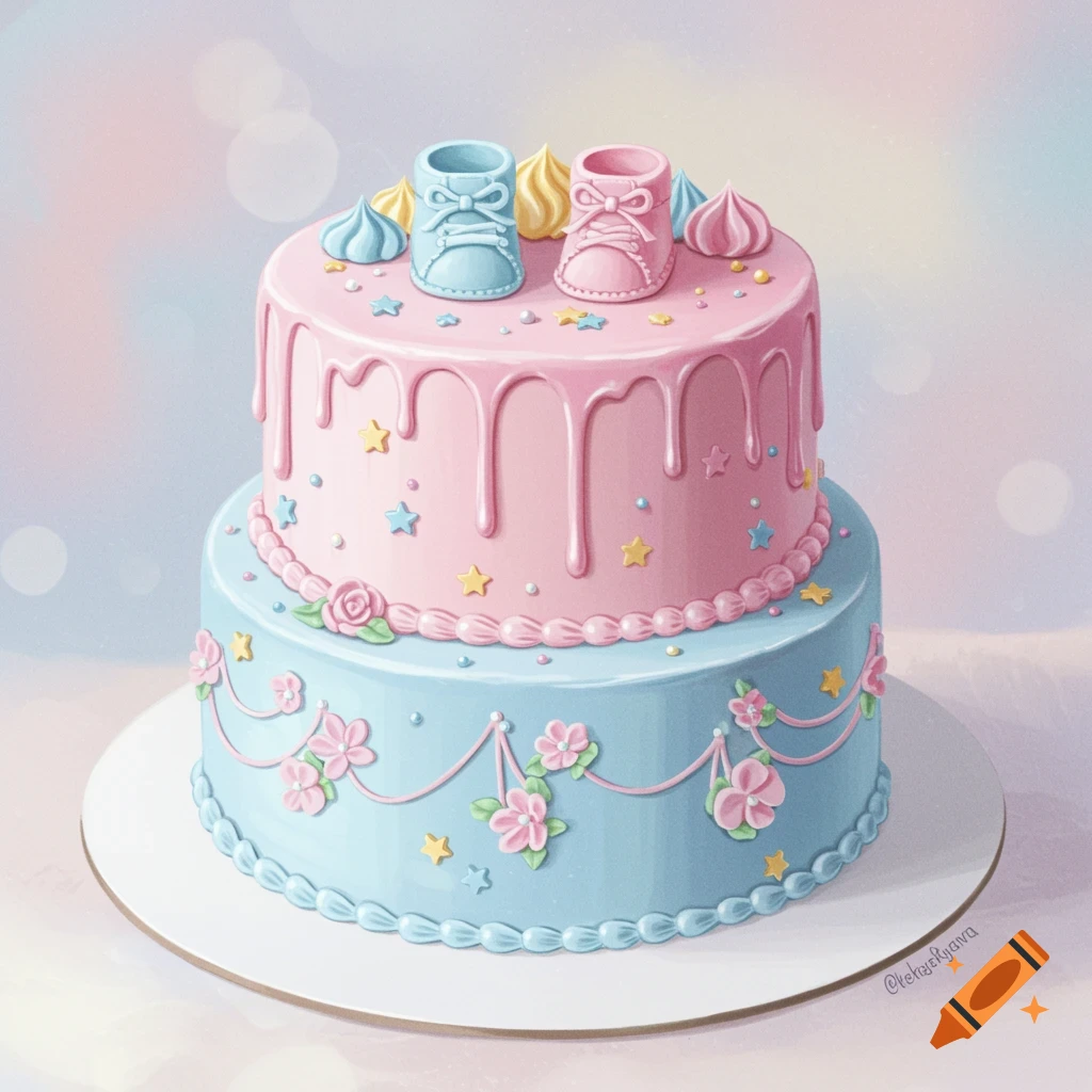 Two-layer round cake for a baby shower event on Craiyon