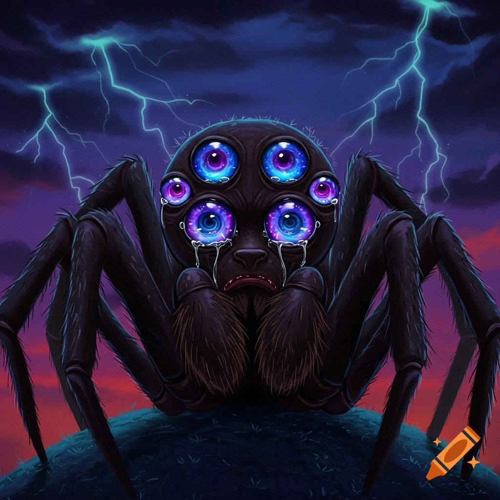 A sad spider with multiple eyes crying under a stormy sky with ...
