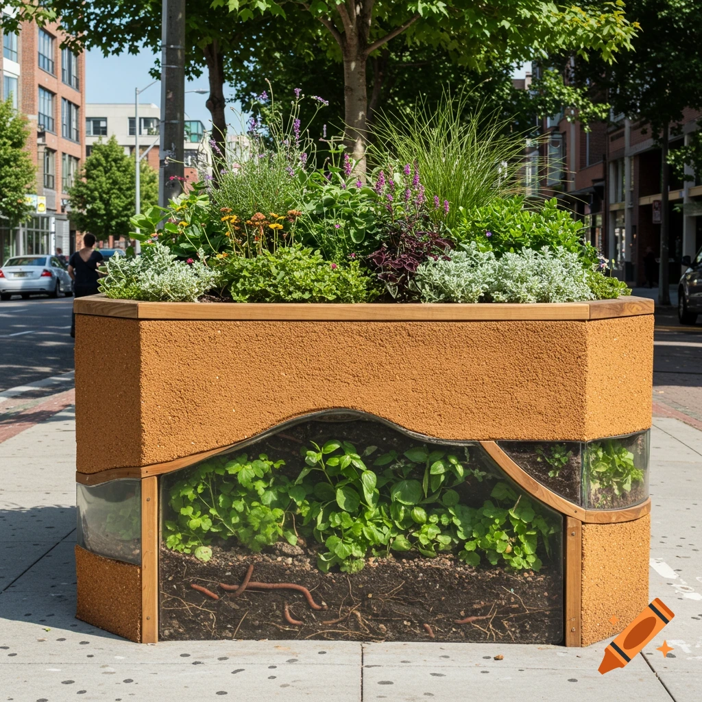 In-ground planter with transparent sides showing plant roots and soil ...