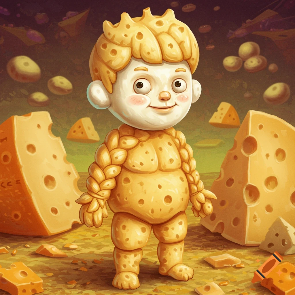 Cartoon cheese man in a suit walks through a city made of cheese ...