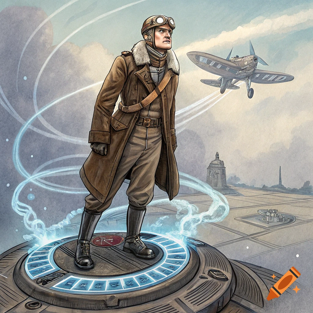 Illustration of a man in a pilot's coat standing on a glowing platform ...