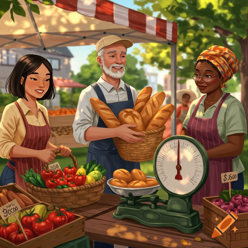 Workers trading items at a farmers market on Craiyon