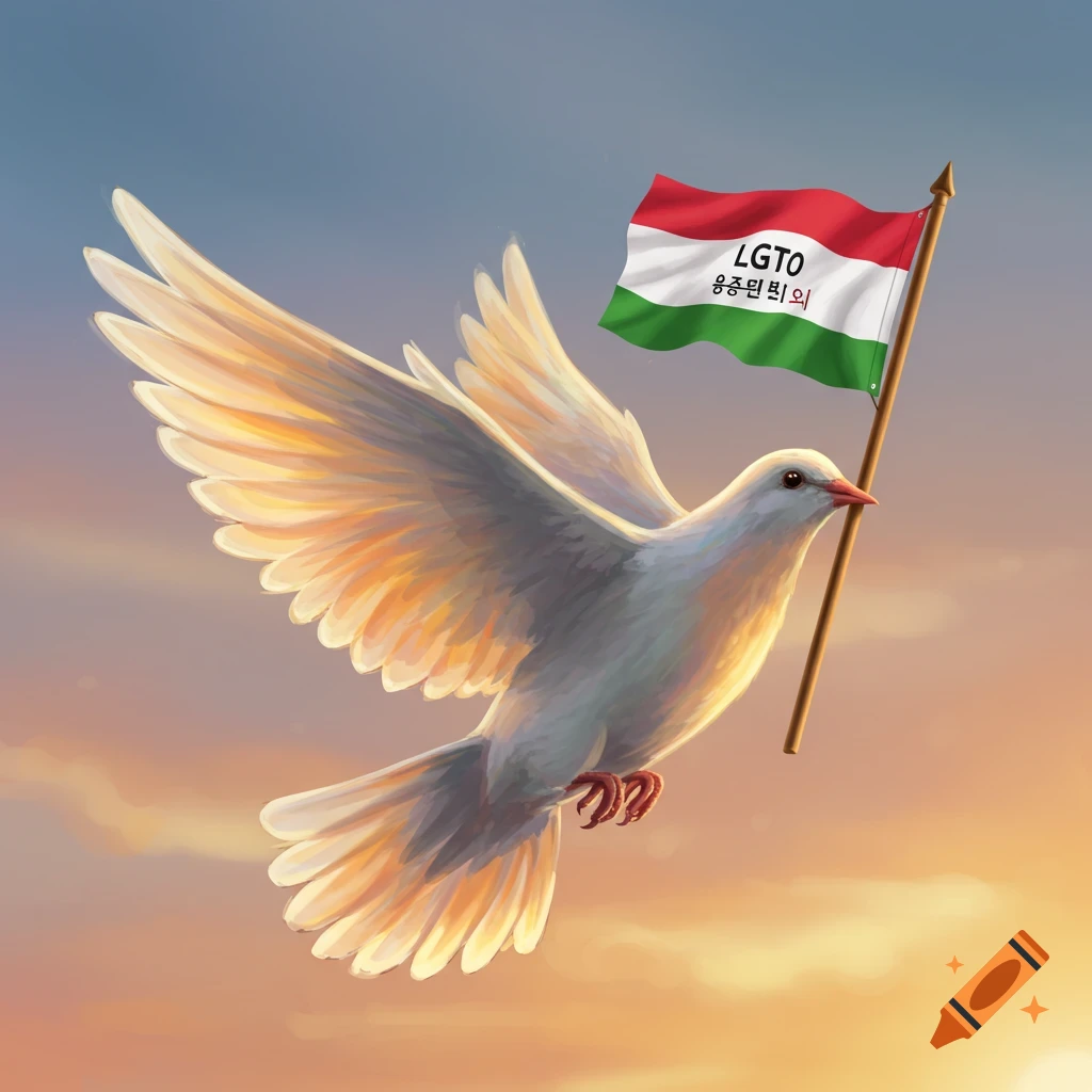 A white dove flying with a flag against a sunset sky. on Craiyon