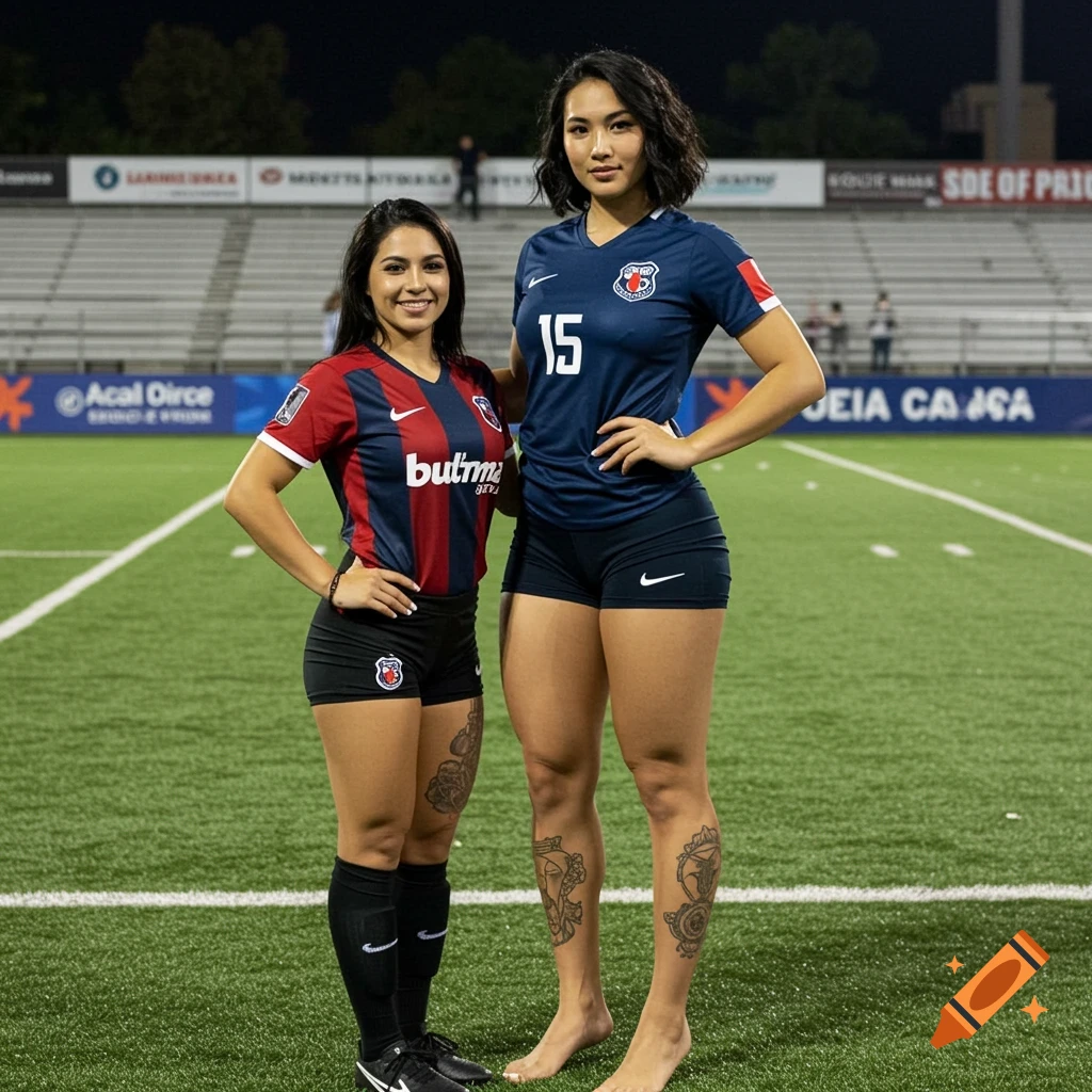 Southeast Asian model in soccer jersey posing with another woman on a ...
