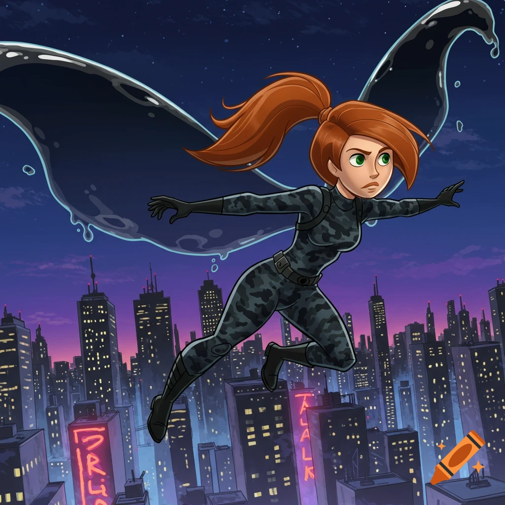 Cartoon Kim Possible in a black camo Venom suit with slime shooting ...
