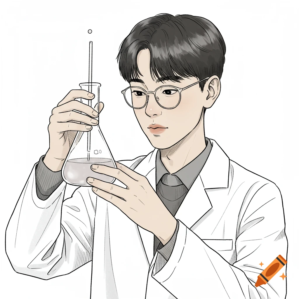 A simple colored drawing of a male scientist in a lab coat holding a ...