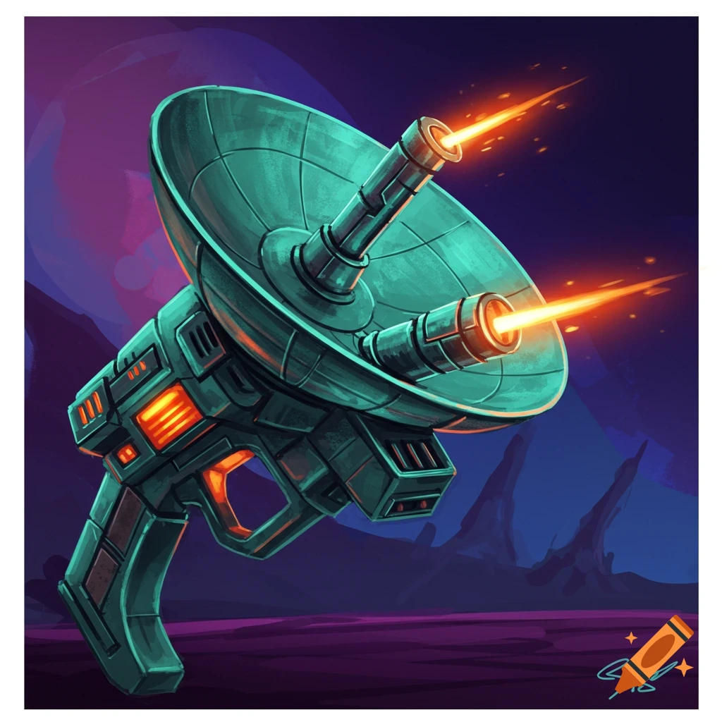 An alien radar dish gun firing beams over an alien landscape on Craiyon