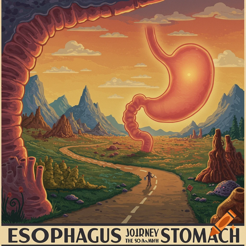 Surreal travel poster of esophagus and stomach floating above a ...