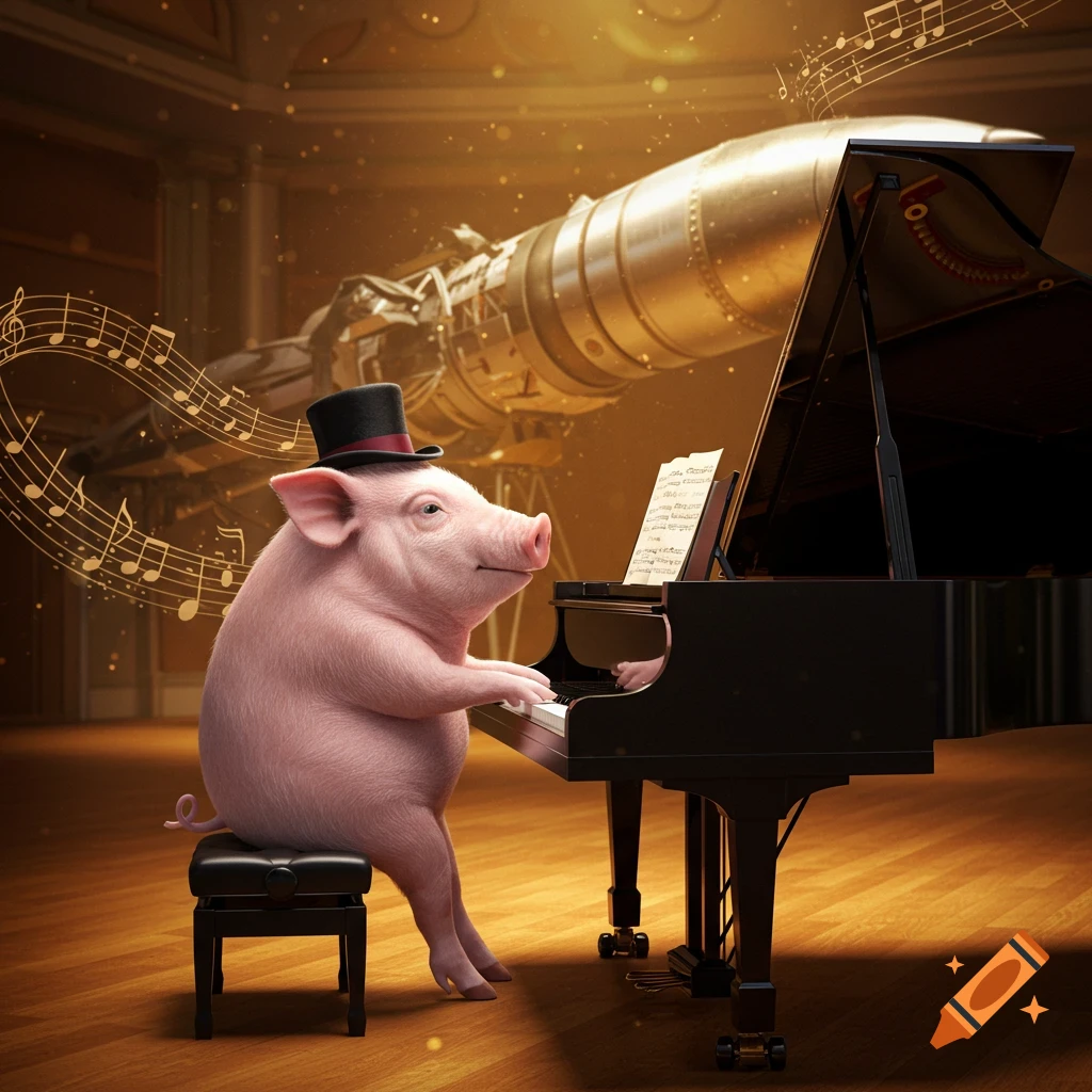 A digital painting of a realistic pig in a top hat playing a grand ...