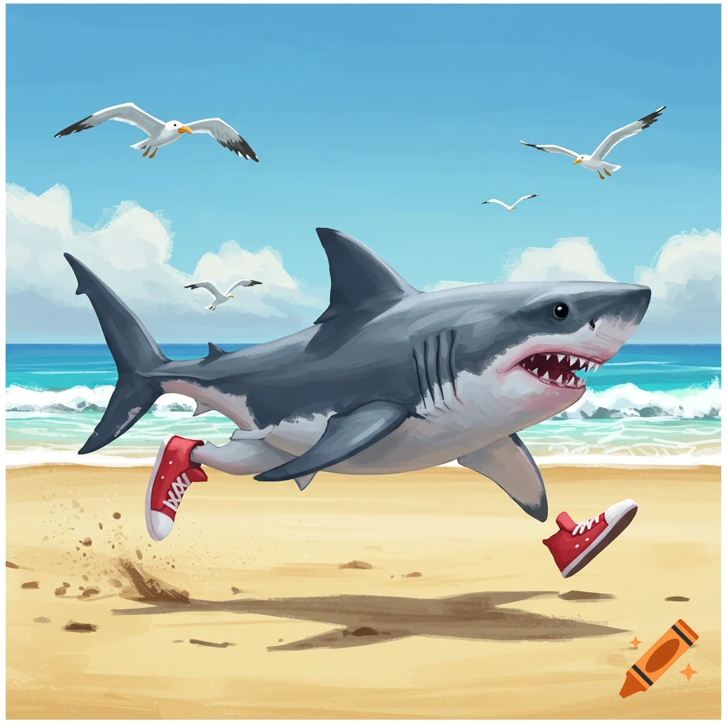 Shark running on the beach with shoes on on Craiyon