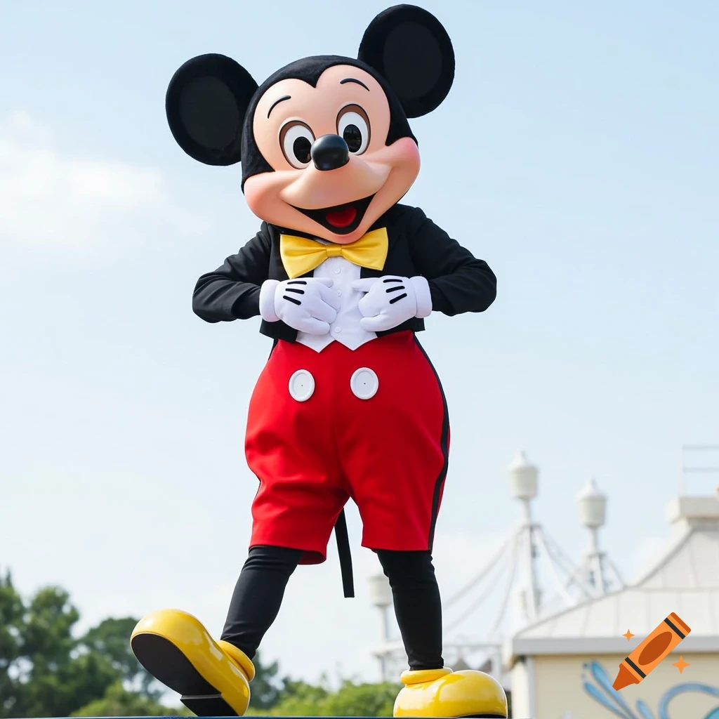 Full body photo of a person in a Mickey Mouse costume standing outdoors ...