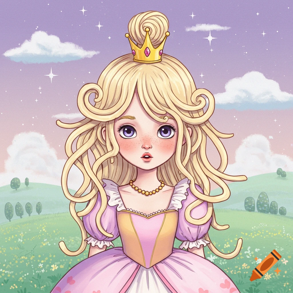 A cartoon banana character with pink curly hair, wearing a pink princess dress and crown ...