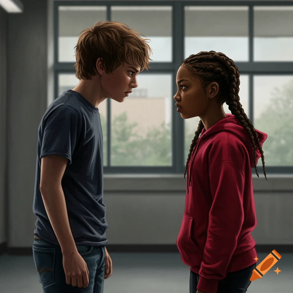 Two teenagers glaring at each other in a high school setting on Craiyon