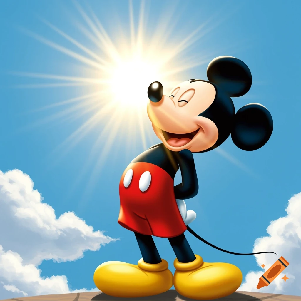 Mickey Mouse basking in the sun under a blue sky with clouds. on Craiyon