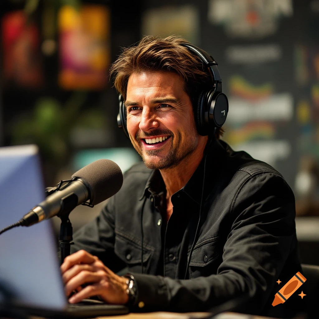 A smiling man wearing headphones talks into a microphone while looking ...